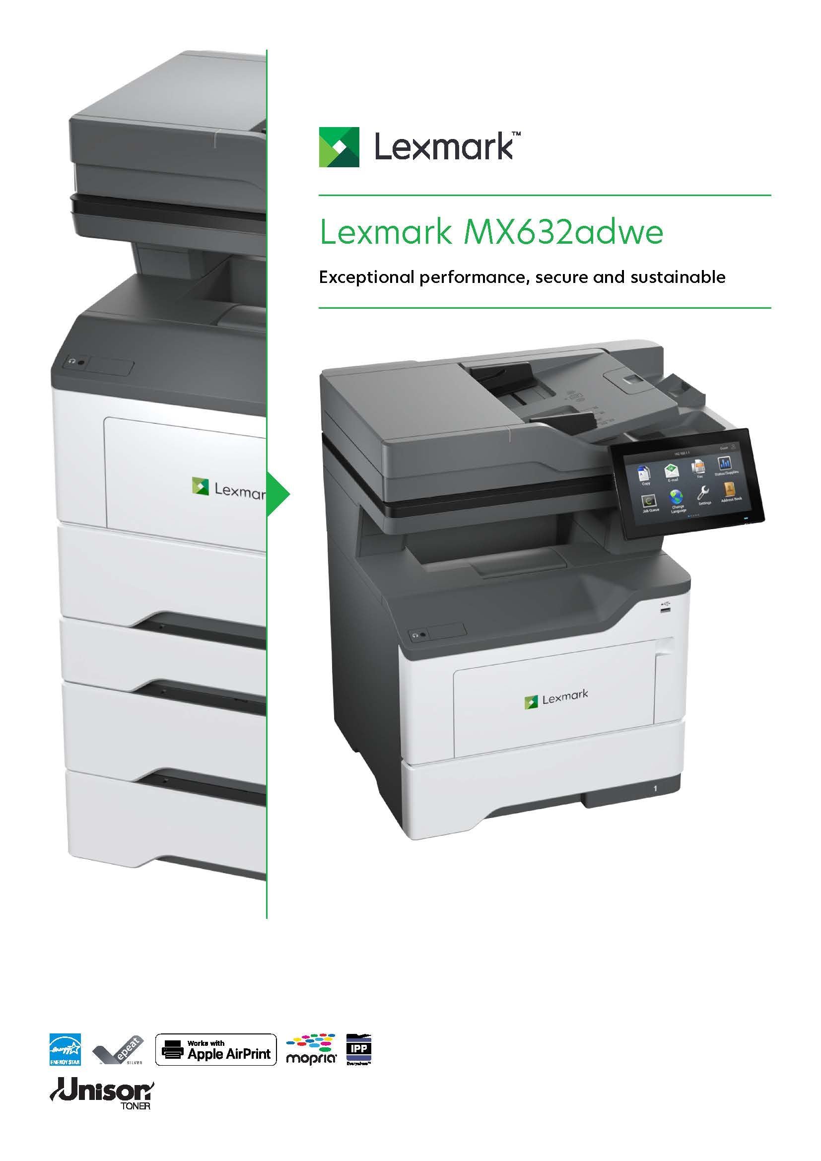 MX632adwe Lexmark 4 Mono Multi Function Printer. 47ppm Duplex Print, S ...